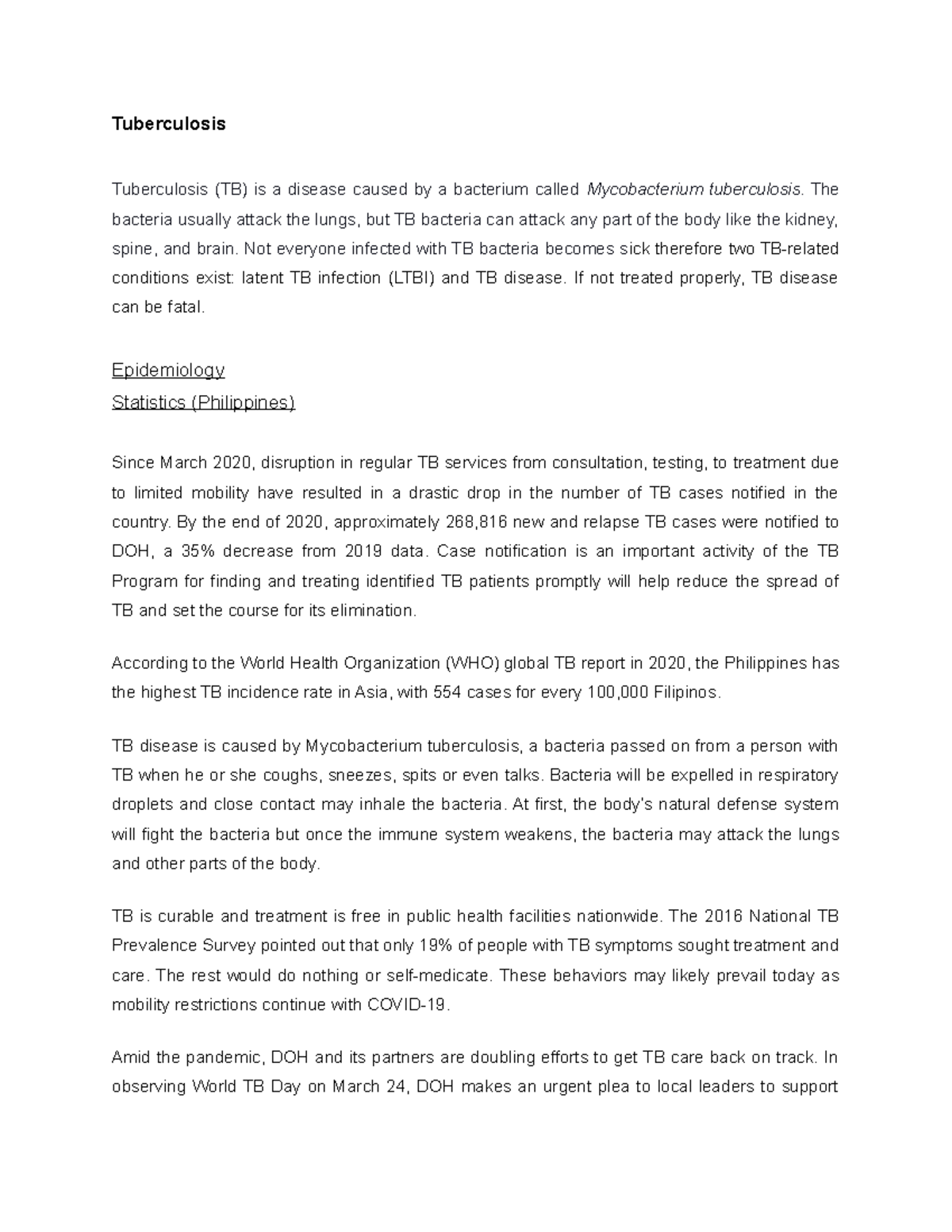 Respiratory System - Tuberculosis Tuberculosis (TB) is a disease caused ...