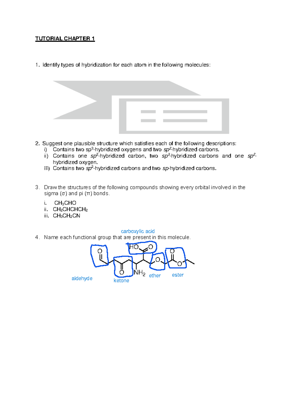 Tuto chap 1 and 2 - TUTORIAL CHAPTER 1 Identify types of hybridization for each atom in the ...