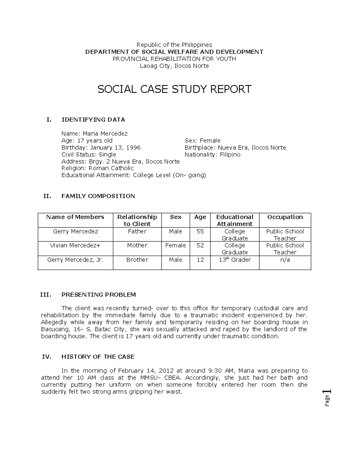 191260925 Social Case Study Report - Page 1 Republic of the Philippines DEPARTMENT OF SOCIAL ...