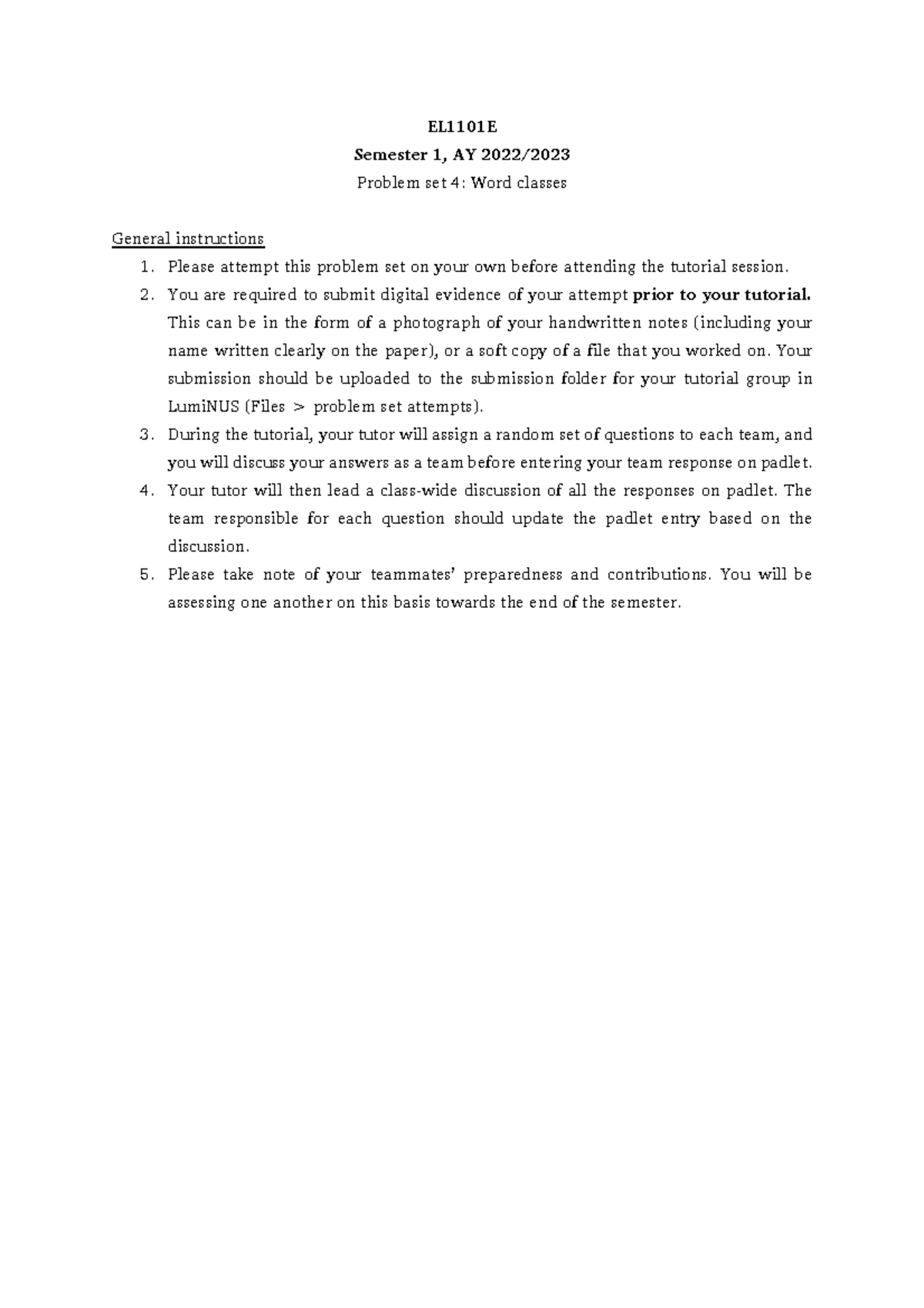 Ps4 - Problem Set for AY2022/2023 - EL1101E Semester 1, AY 2022/ Problem set 4: Word classes ...