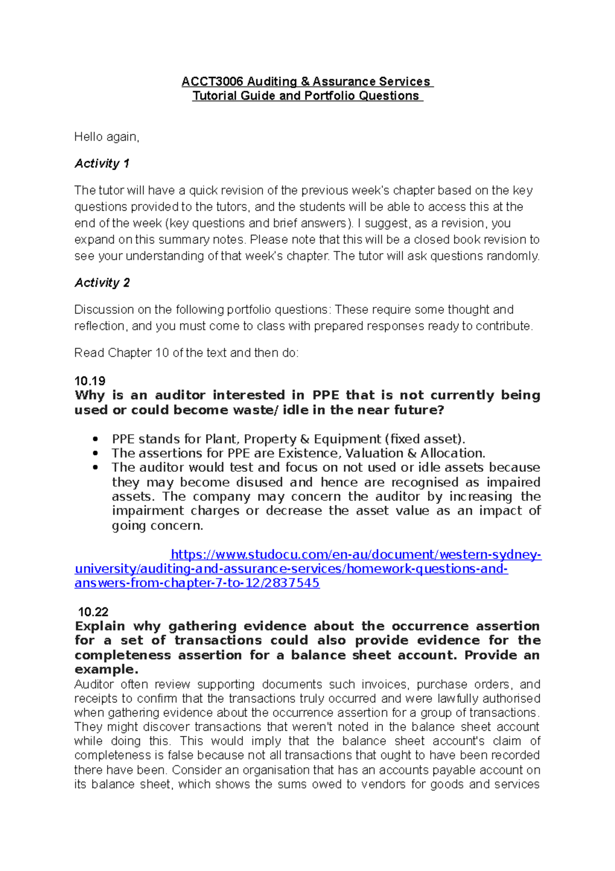 Week 10 - Protfolio - Audit - ACCT3006 Auditing & Assurance Services Tutorial Guide and - Studocu
