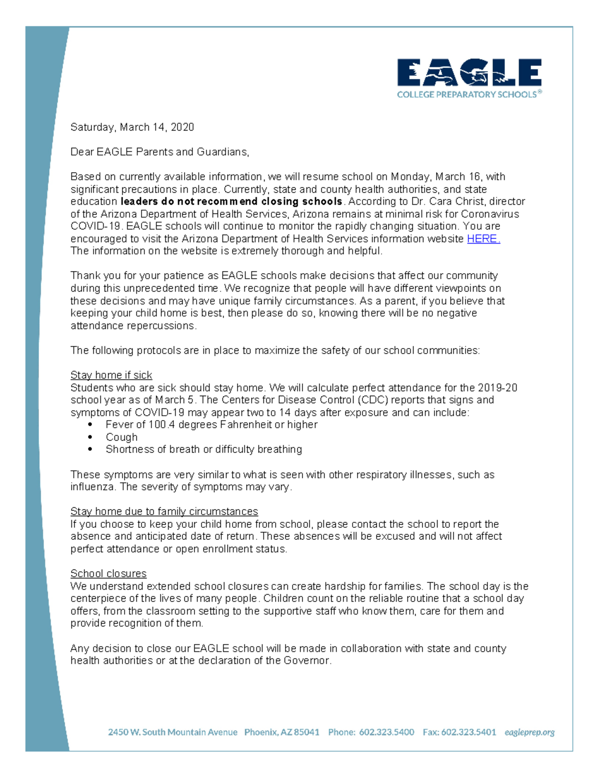 Schools Open Support Letter - Saturday, March 14, 2020 Dear EAGLE ...