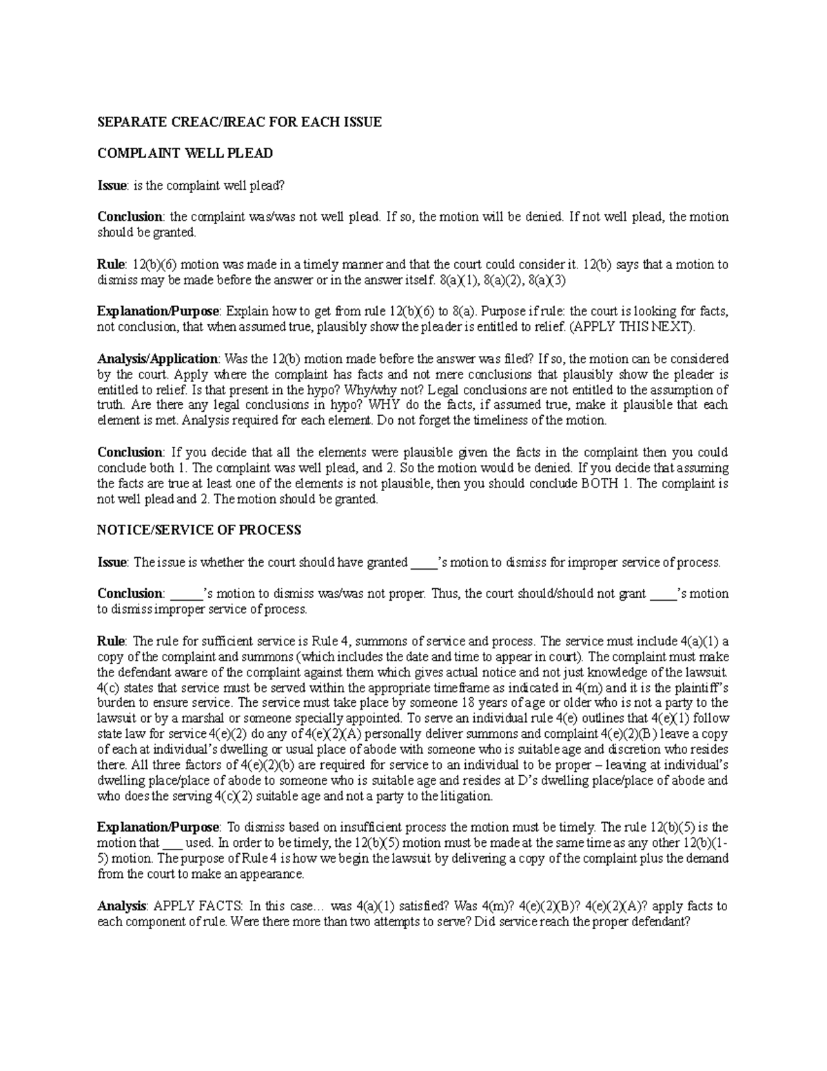 Civpro final exam Ireacs - SEPARATE CREAC/IREAC FOR EACH ISSUE ...