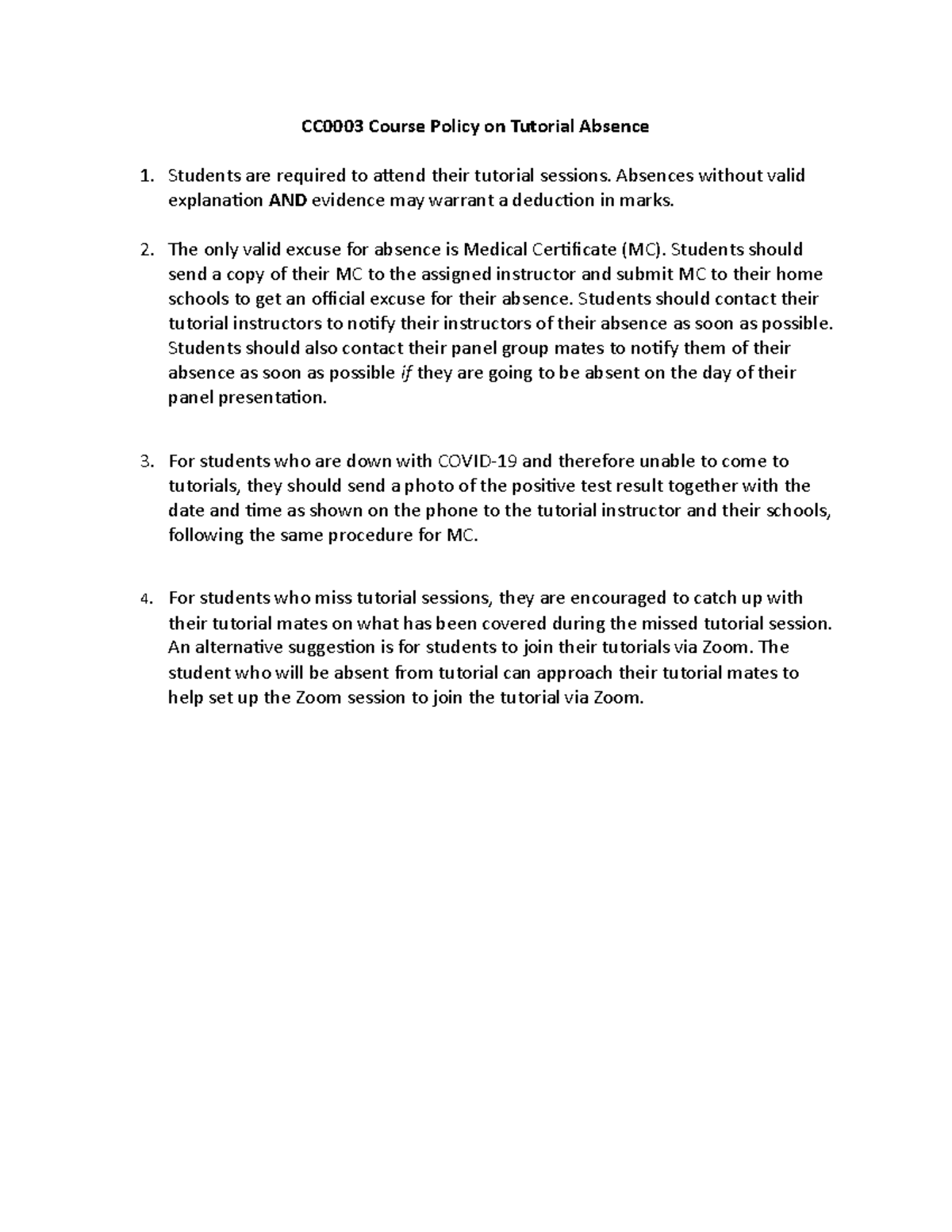 CC0003 Absence Policy - ... - CC0003 Course Policy on Tutorial Absence ...