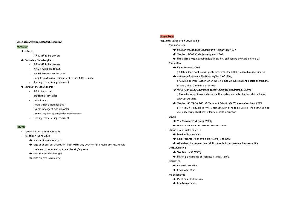 Fatal Offences Criminal Notes - 08 - Fatal Offences Against A Person ...