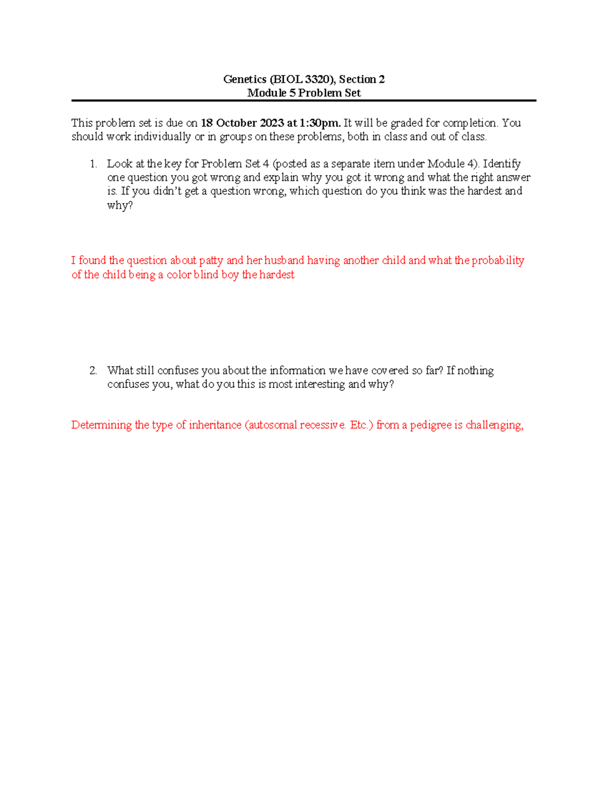 Module 5 Problem Set - Genetics (BIOL 3320), Section 2 Module 5 Problem ...