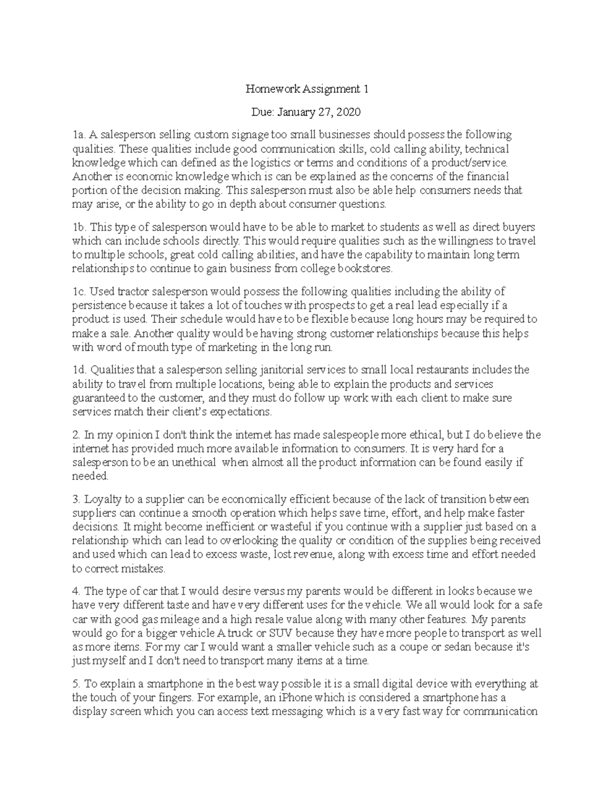 Homework Assignment 1 - sales - Homework Assignment 1 Due: January 27 ...