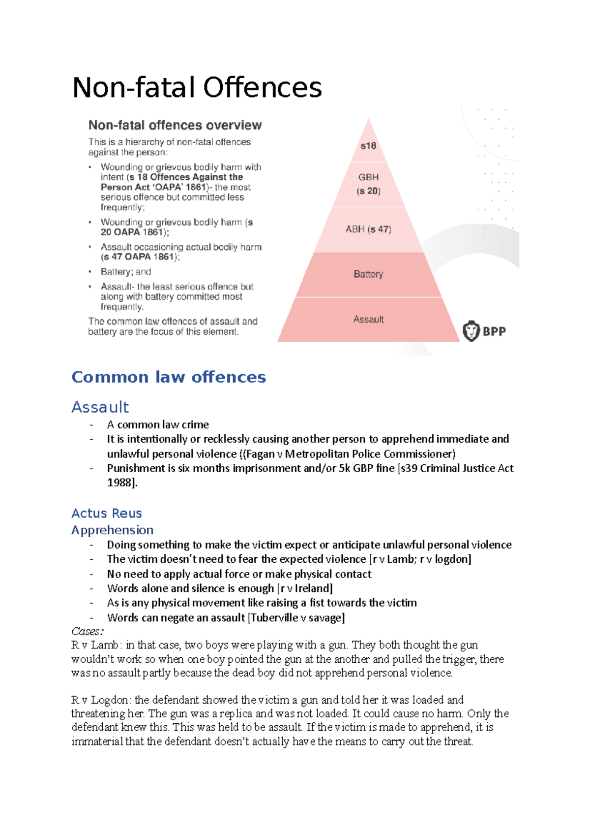 Non-fatal offences - Non-fatal Offences Common law offences Assault A ...