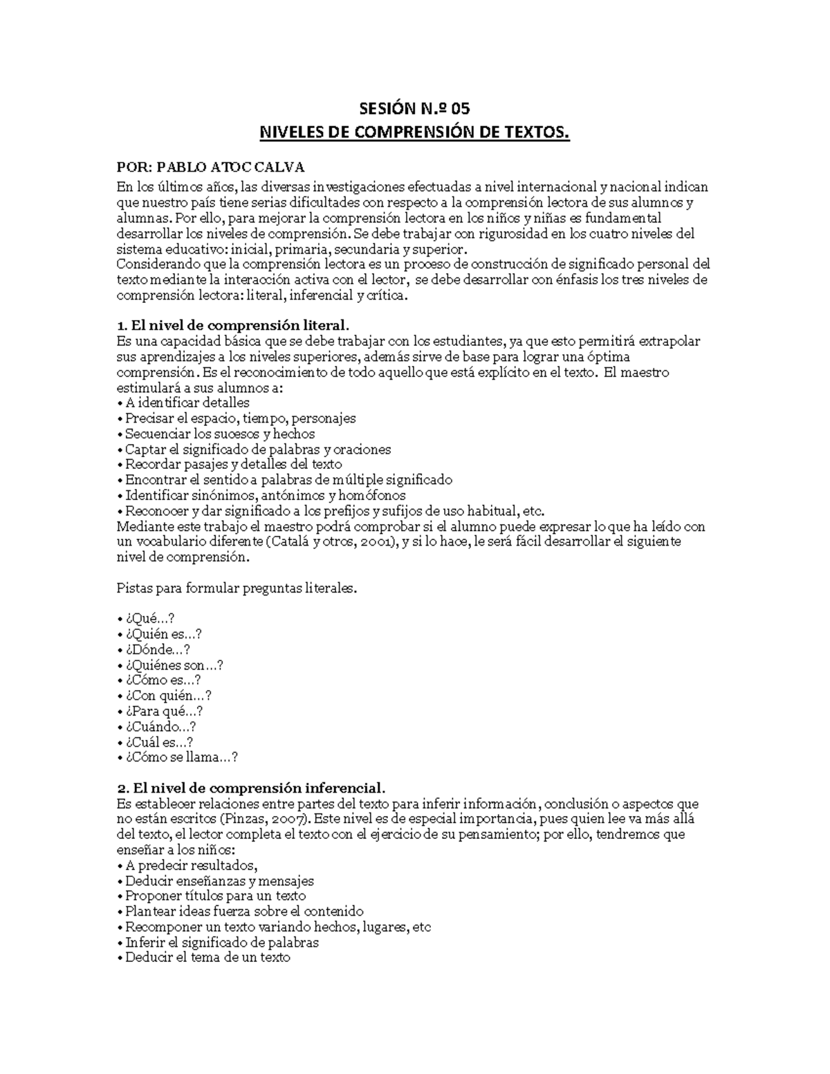 Niveles DE Comprensi-N DE Texto 1 - SESIÓN N.º 05 NIVELES DE COMPRENSIÓN DE TEXTOS. POR: PABLO ...