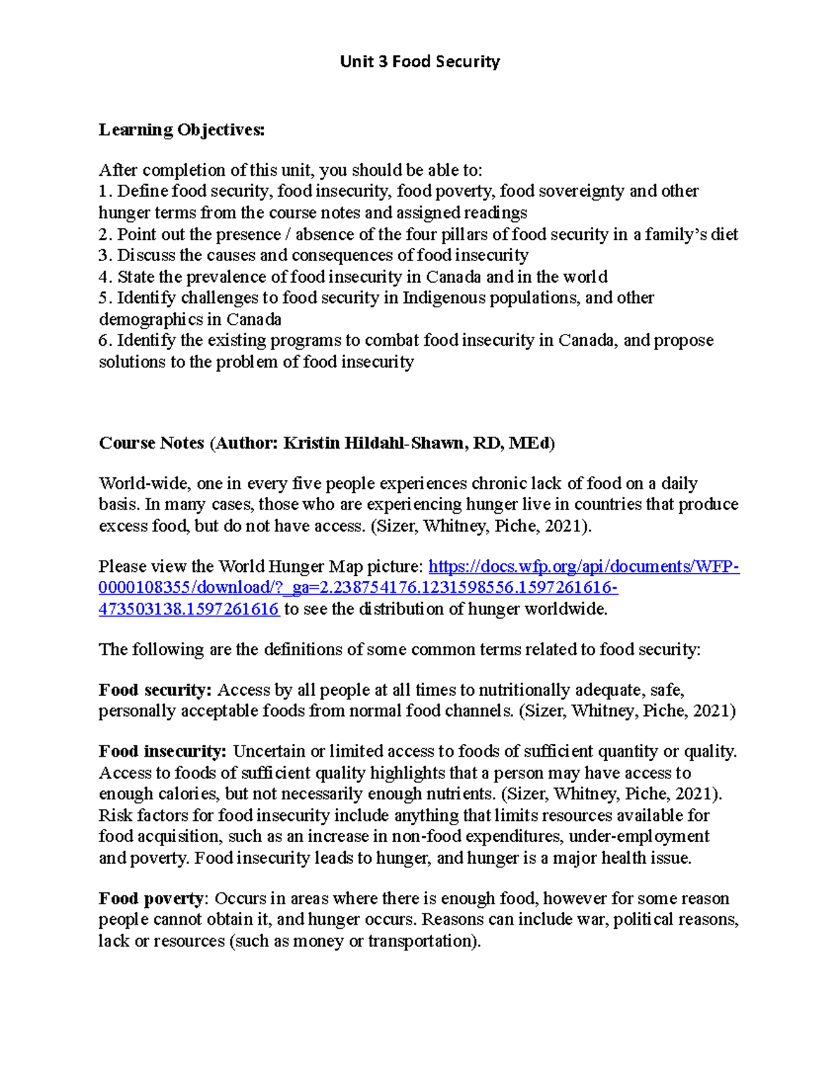 Unit 3 Food Security - Learning Objectives: After completion of this ...