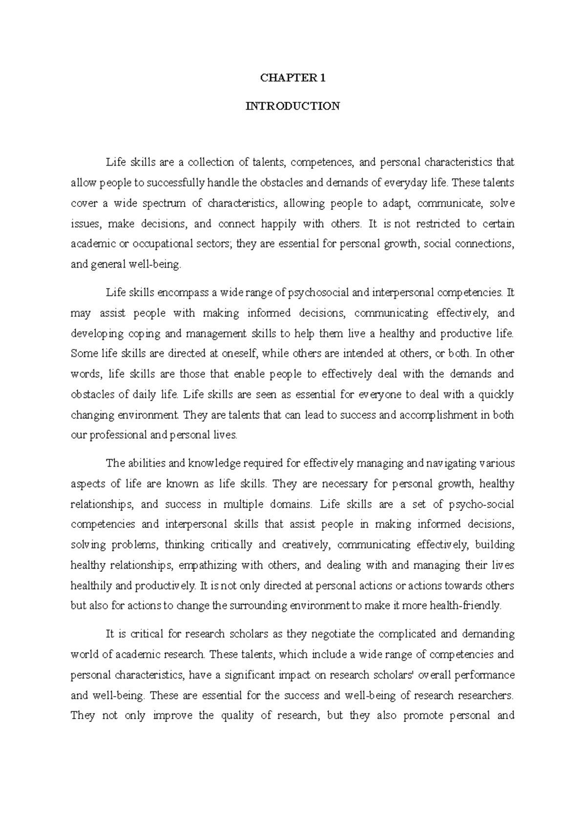 Lyf skills project - CHAPTER 1 INTRODUCTION Life skills are a ...