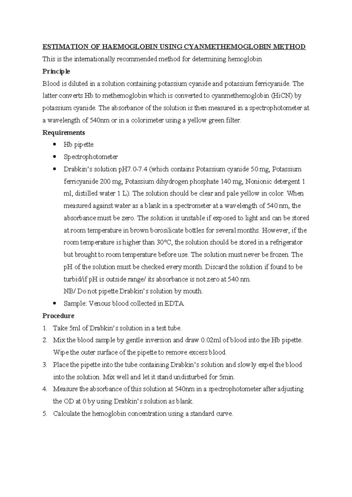 HEMA 6 - Hematology - ESTIMATION OF HAEMOGLOBIN USING CYANMETHEMOGLOBIN ...
