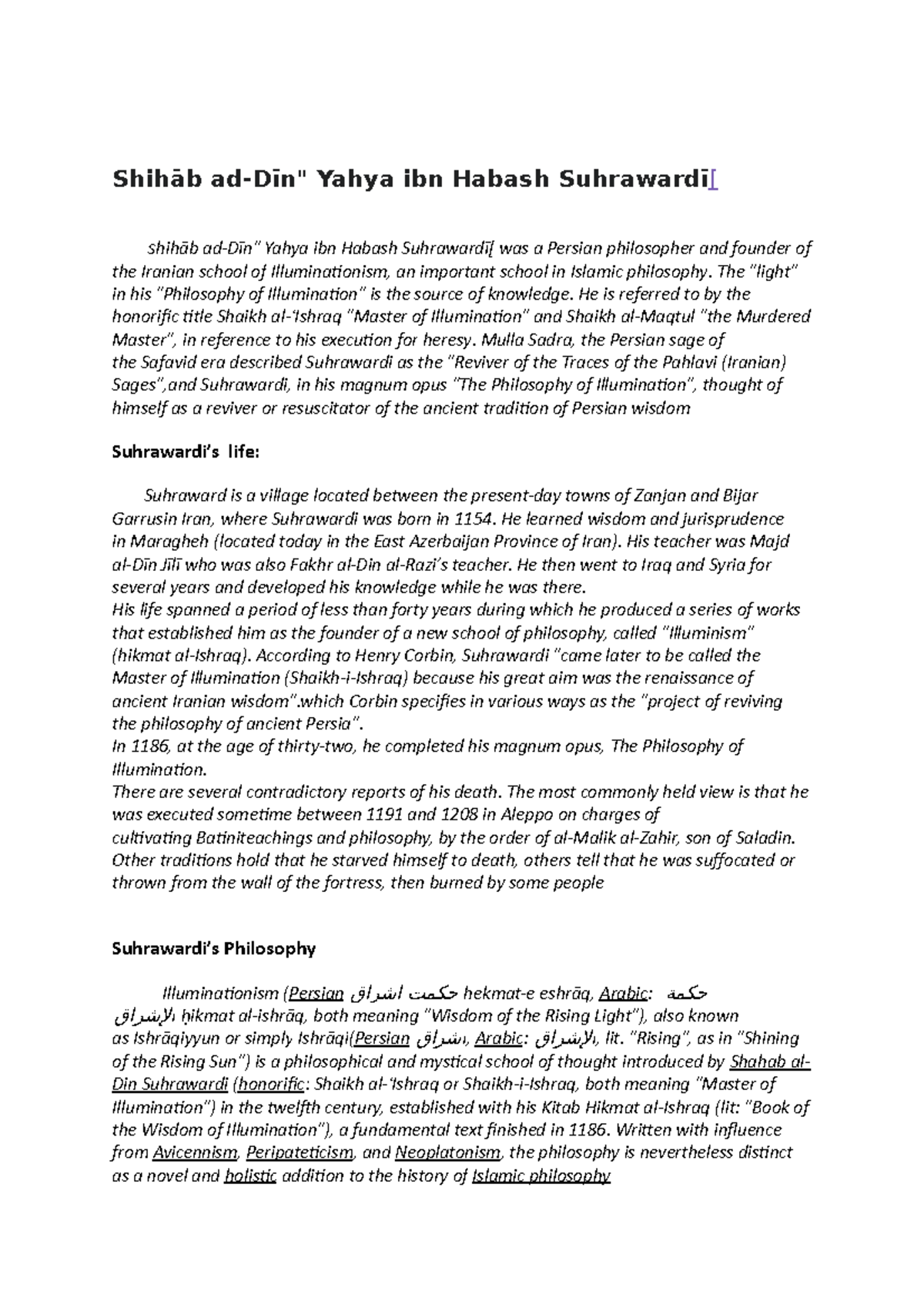 Philosophy - Shihāb ad-Dīn" Yahya ibn Habash Suhrawardī[ Shihāb ad-Dīn ...