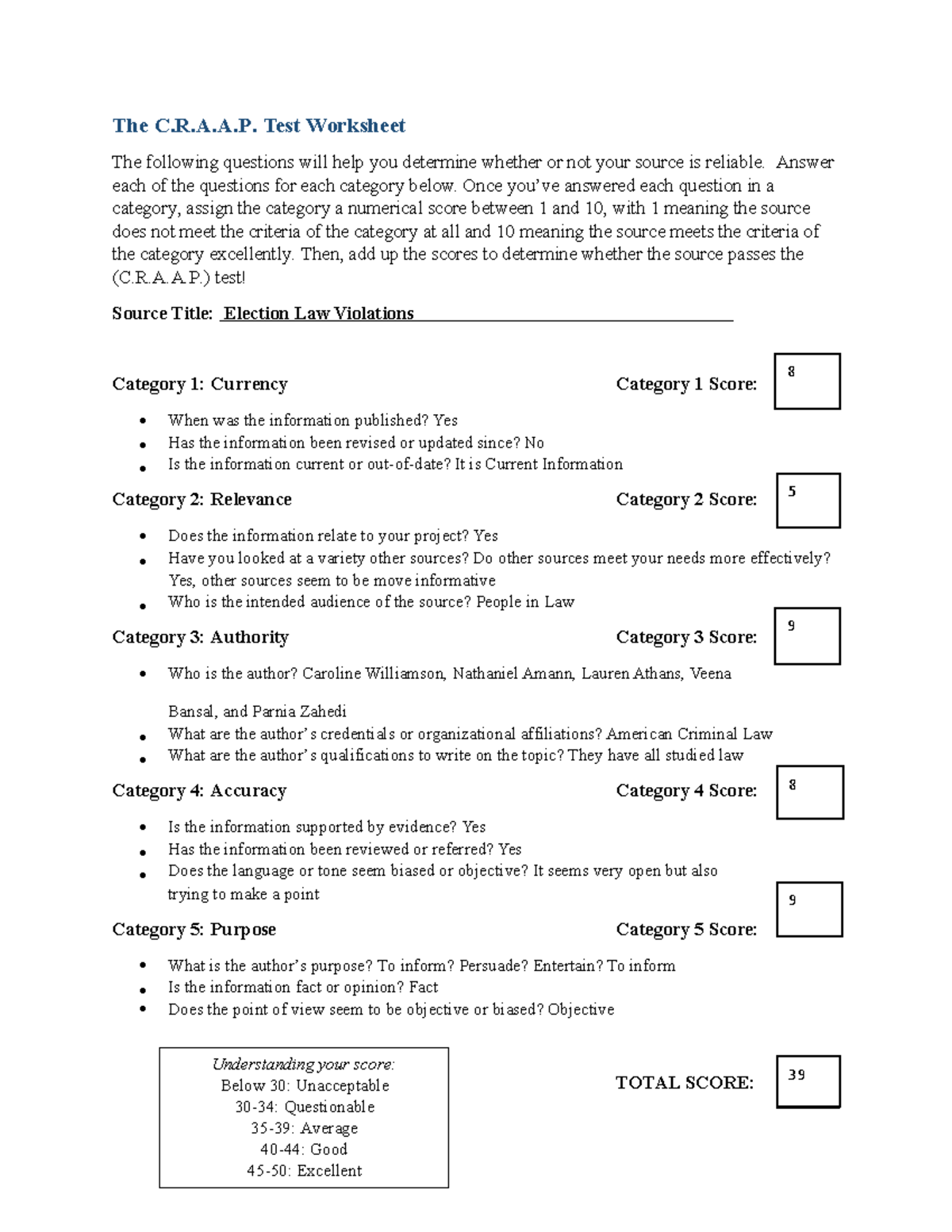 The Craap WS Revised The C R A Test Worksheet The Following
