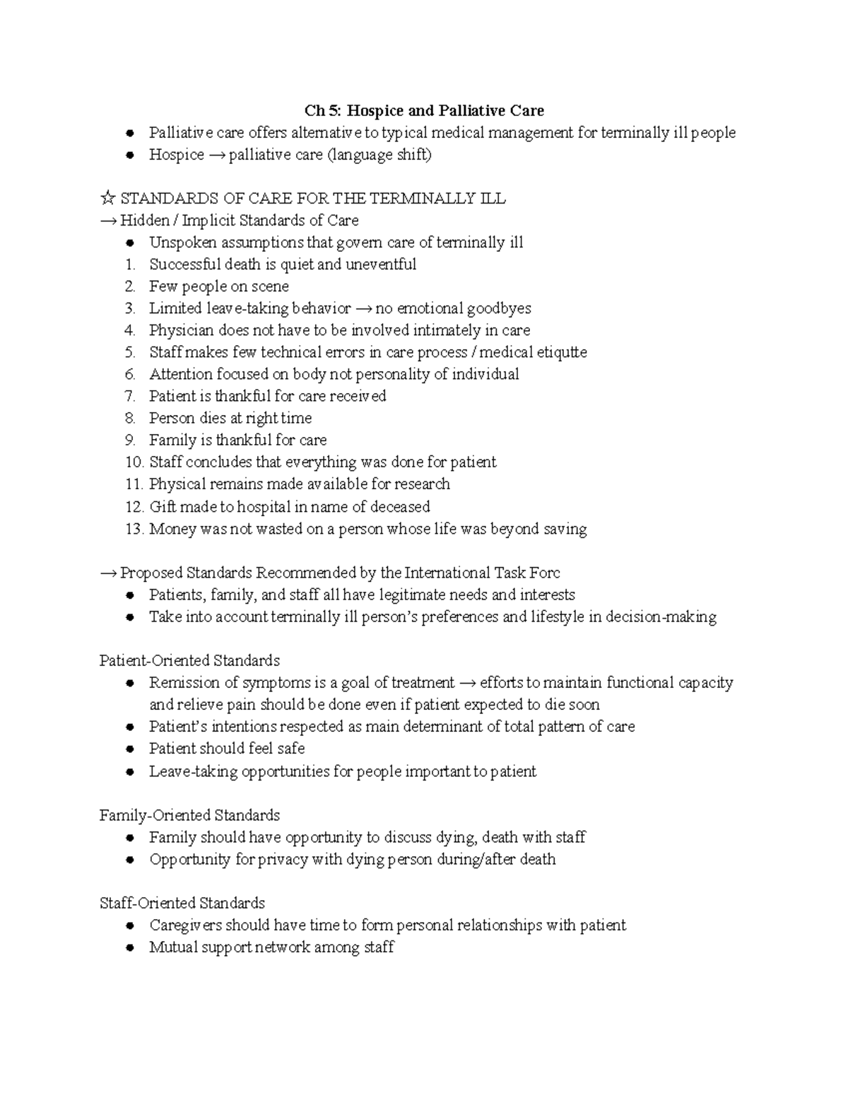PSYC 3570 Unit 04 - Ch 5 - Notes for chapter 5 - Ch 5: Hospice and ...