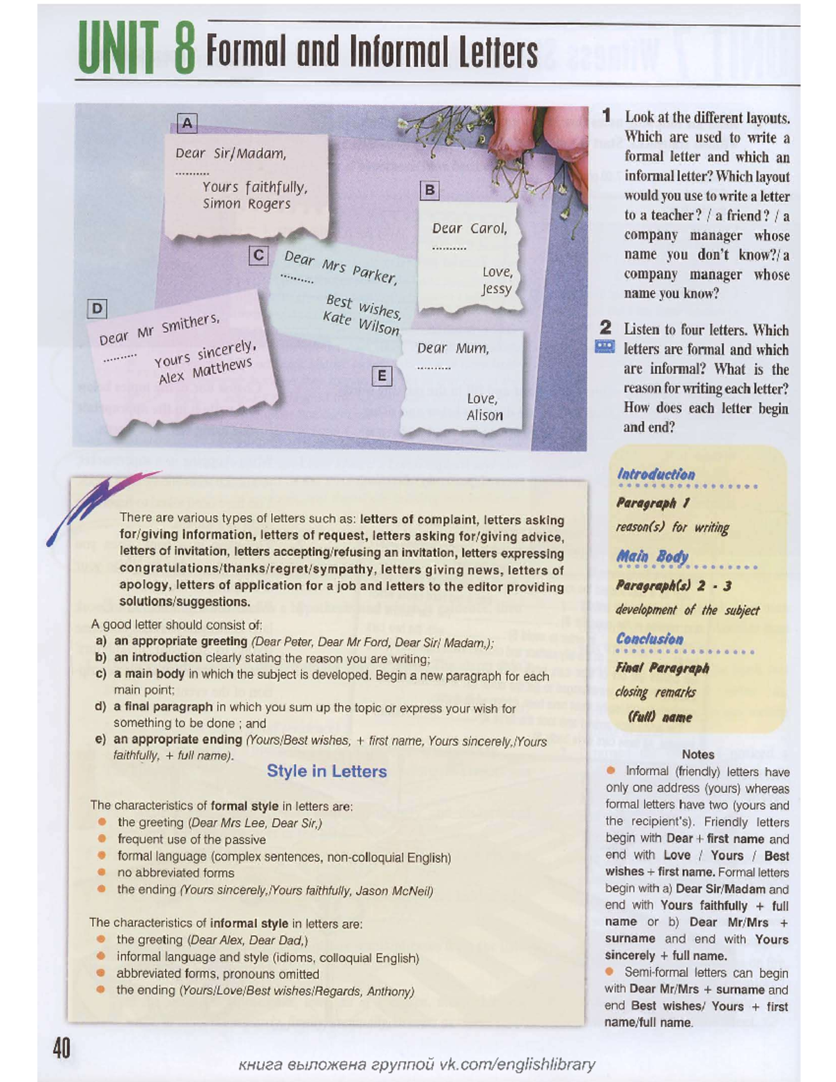Letters F&I - dadd - UNIT 8 Formal and Informal Letters 1 Look at the ...