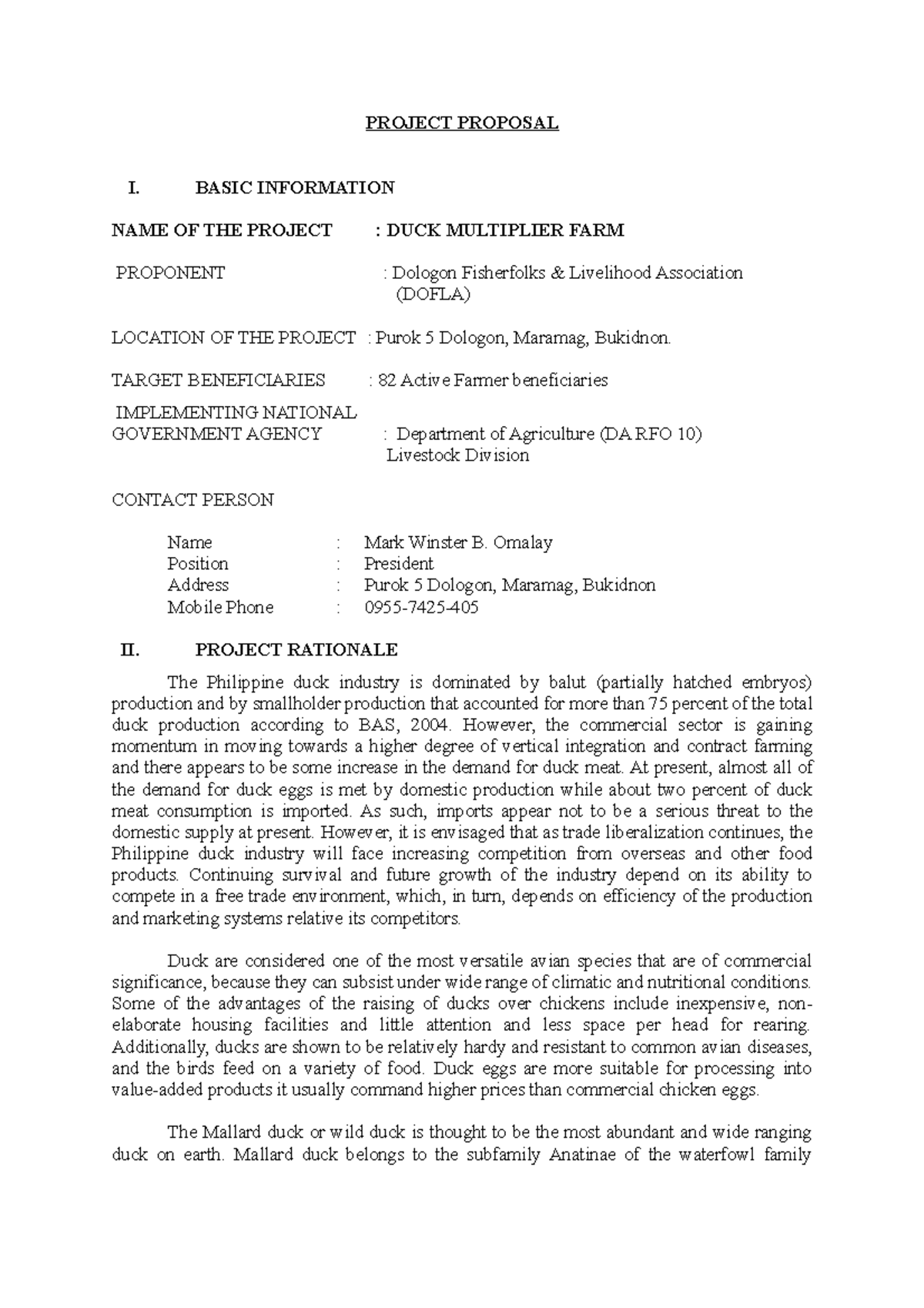 Duck - essay - PROJECT PROPOSAL I. BASIC INFORMATION NAME OF THE ...