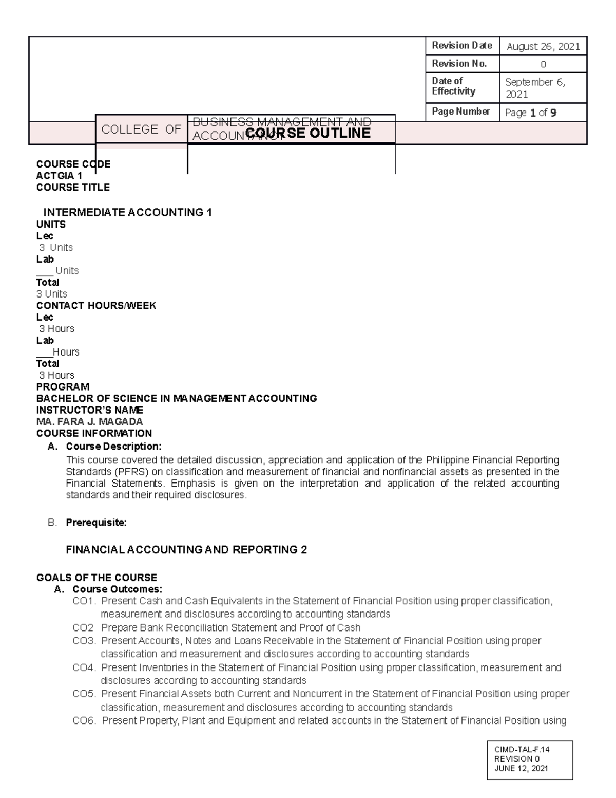 Actgia 1 Course Outline 2022-2023 BSMA - Revision No. 0 Date of ...