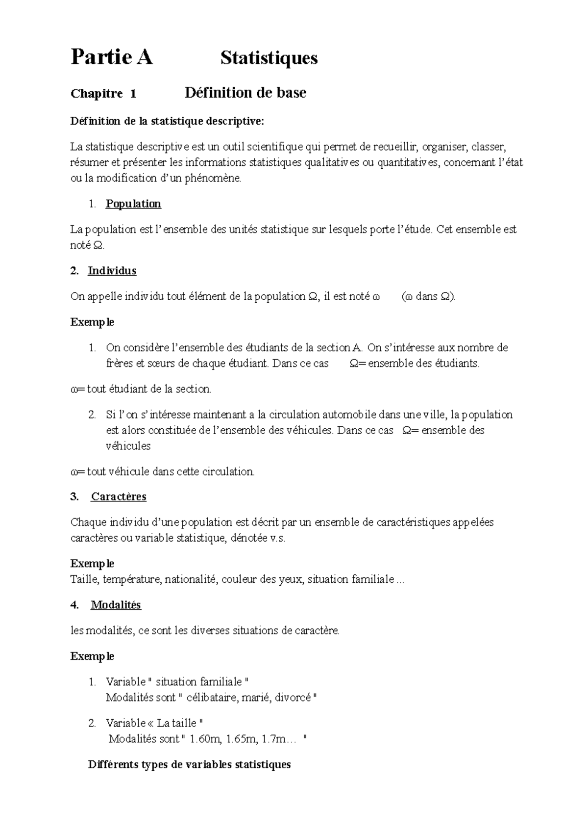 Définition de la statistique descriptive - Partie A Statistiques ...