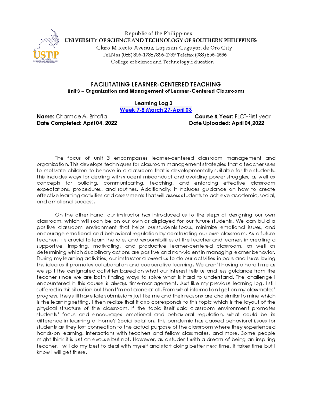 BSED-Science 1B Britaña-Charmae Unit3 LL3 - FACILITATING LEARNER ...