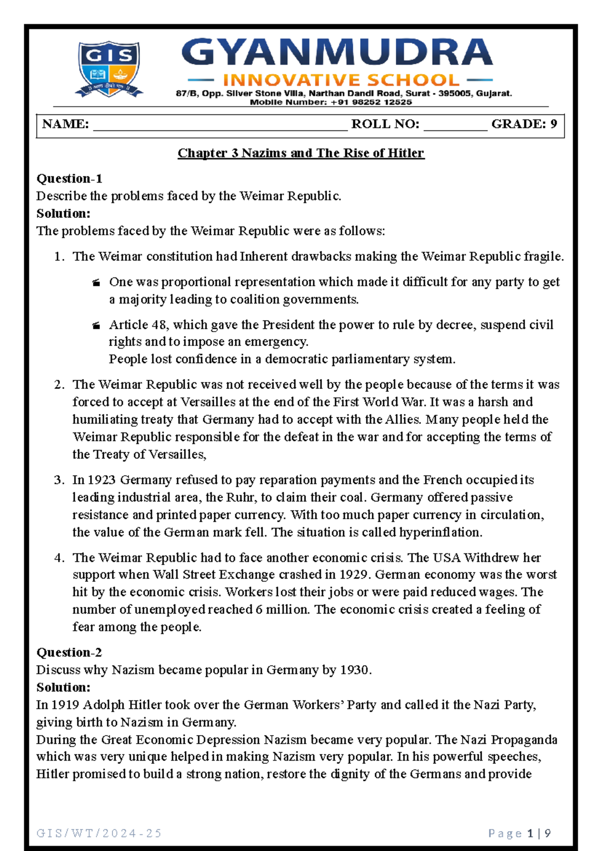 Grade 9 History Solutons - NAME ...