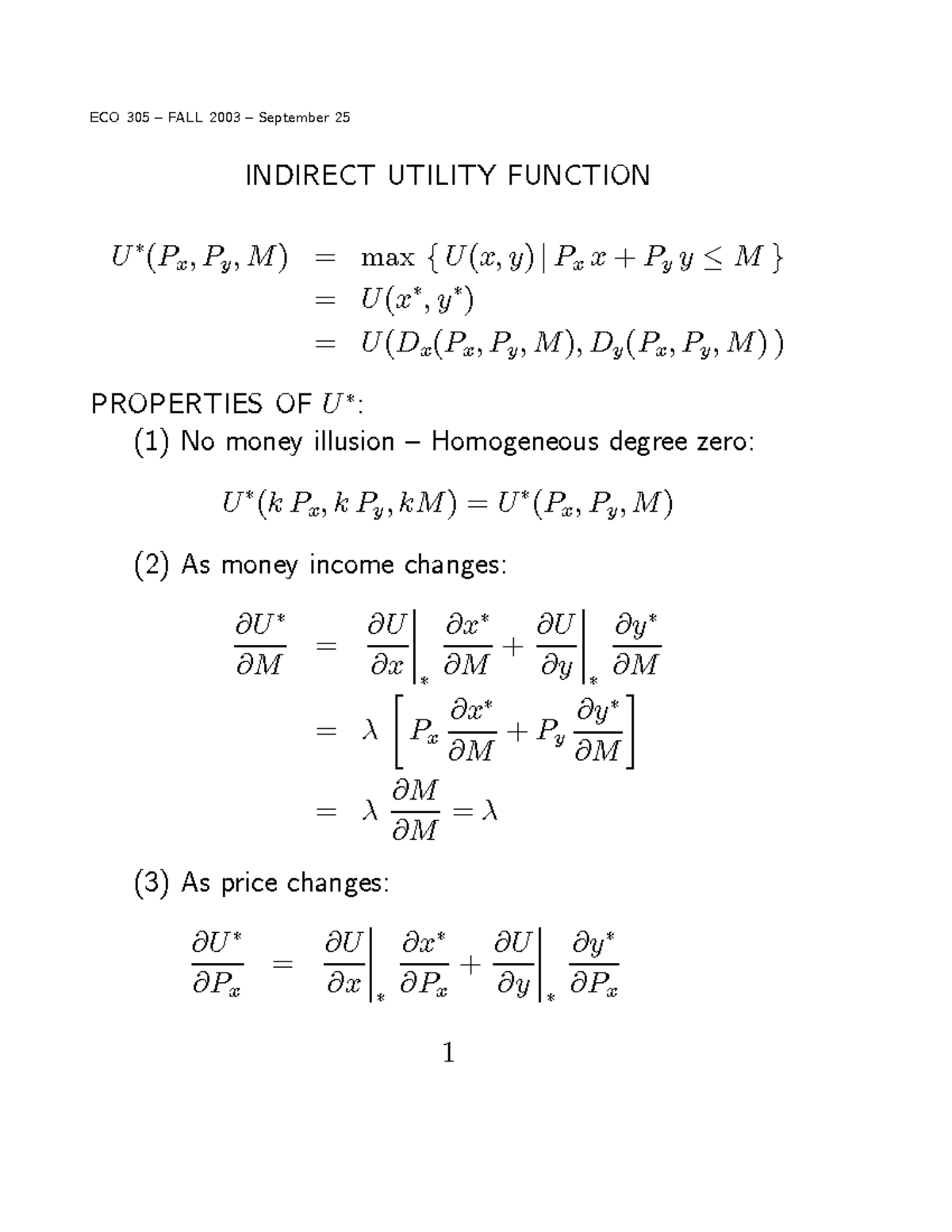 Lec04 - ECO 305 — FALL 2003 — September 25 INDIRECT UTILITY FUNCTION U ...
