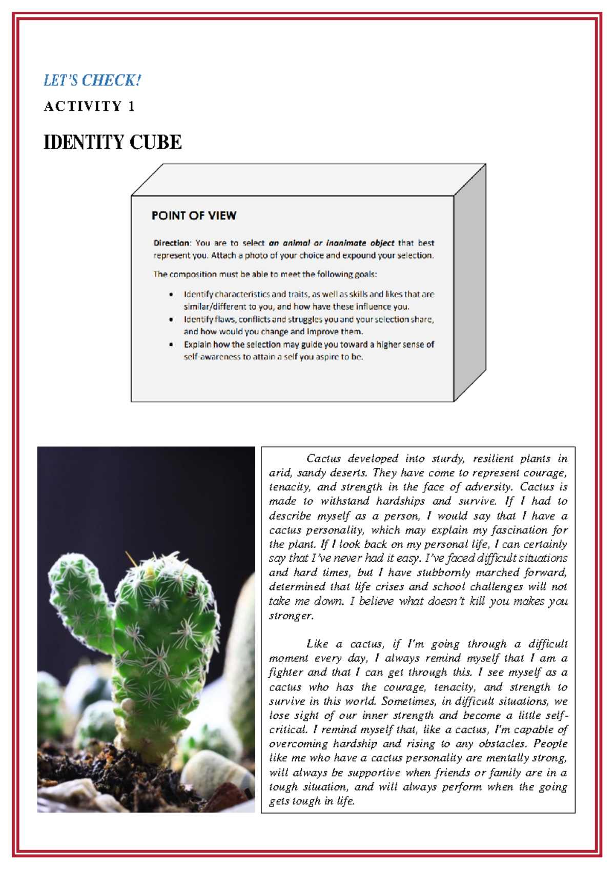 CAED 500 - Module 1 - CAED 500 - LET’S CHECK! ACTIVITY 1 IDENTITY CUBE ...