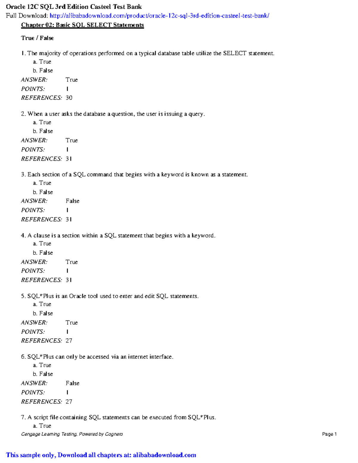 Oracle 12c Sql 3rd Edition Casteel Test Bank Chapter 02 Basic Sql Select Statements Cengage