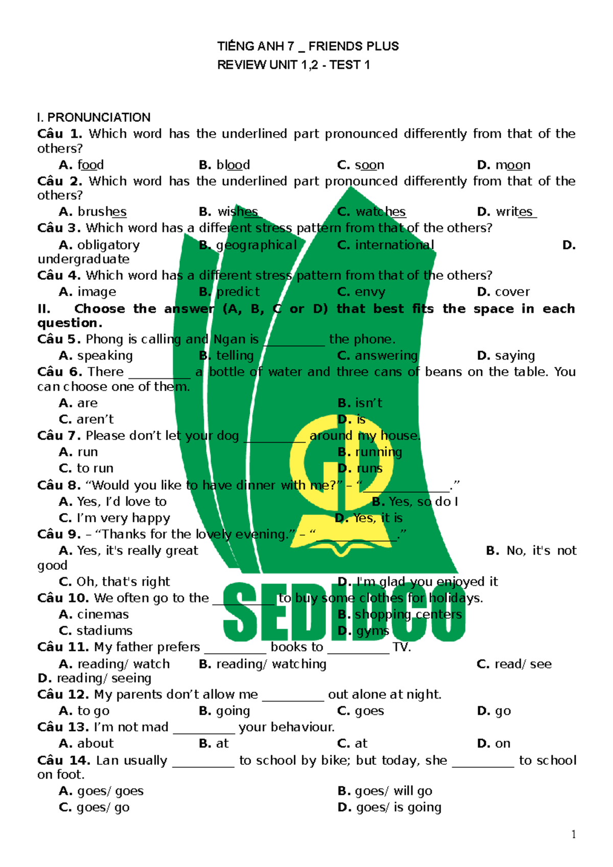 Tieng Anh 7 Friends Plus - Progress Review 1 - Test 1 - TIẾNG ANH 7 ...