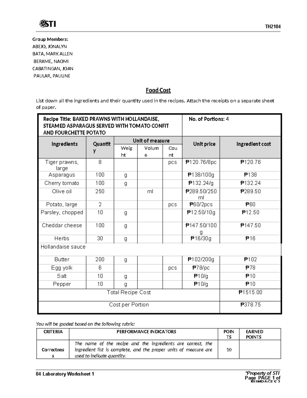 04 Laboratory Worksheet 1-1-1 - Attach the receipts on a separate sheet ...