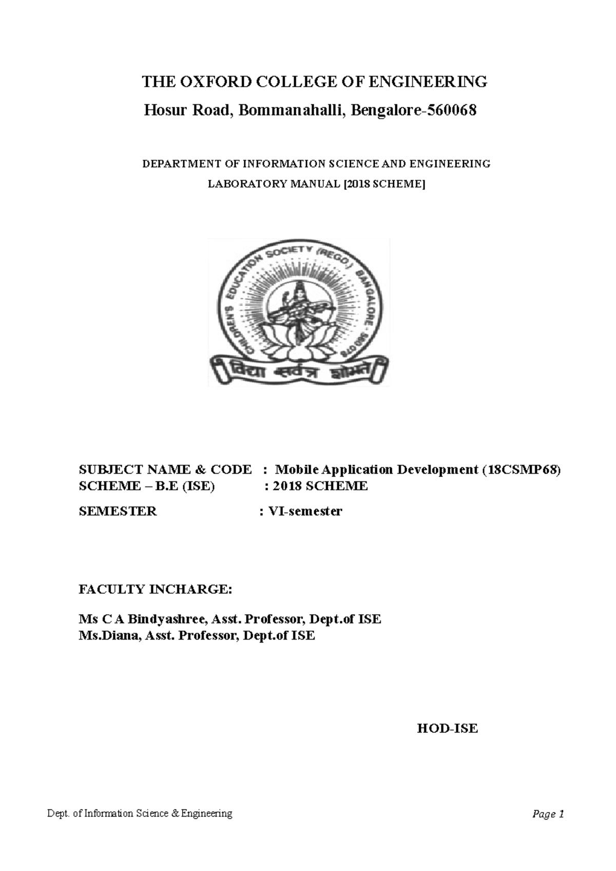 MAD LAB Manual - THE OXFORD COLLEGE OF ENGINEERING Hosur Road ...