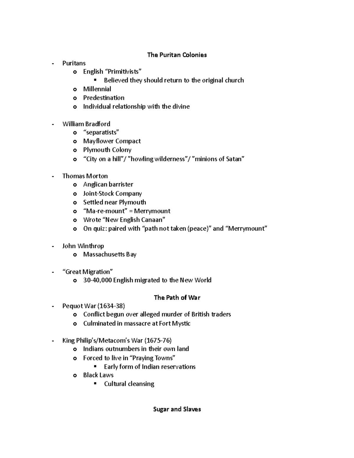 Notes - Test 2 - The Puritan Colonies Puritans o English “Primitivists ...