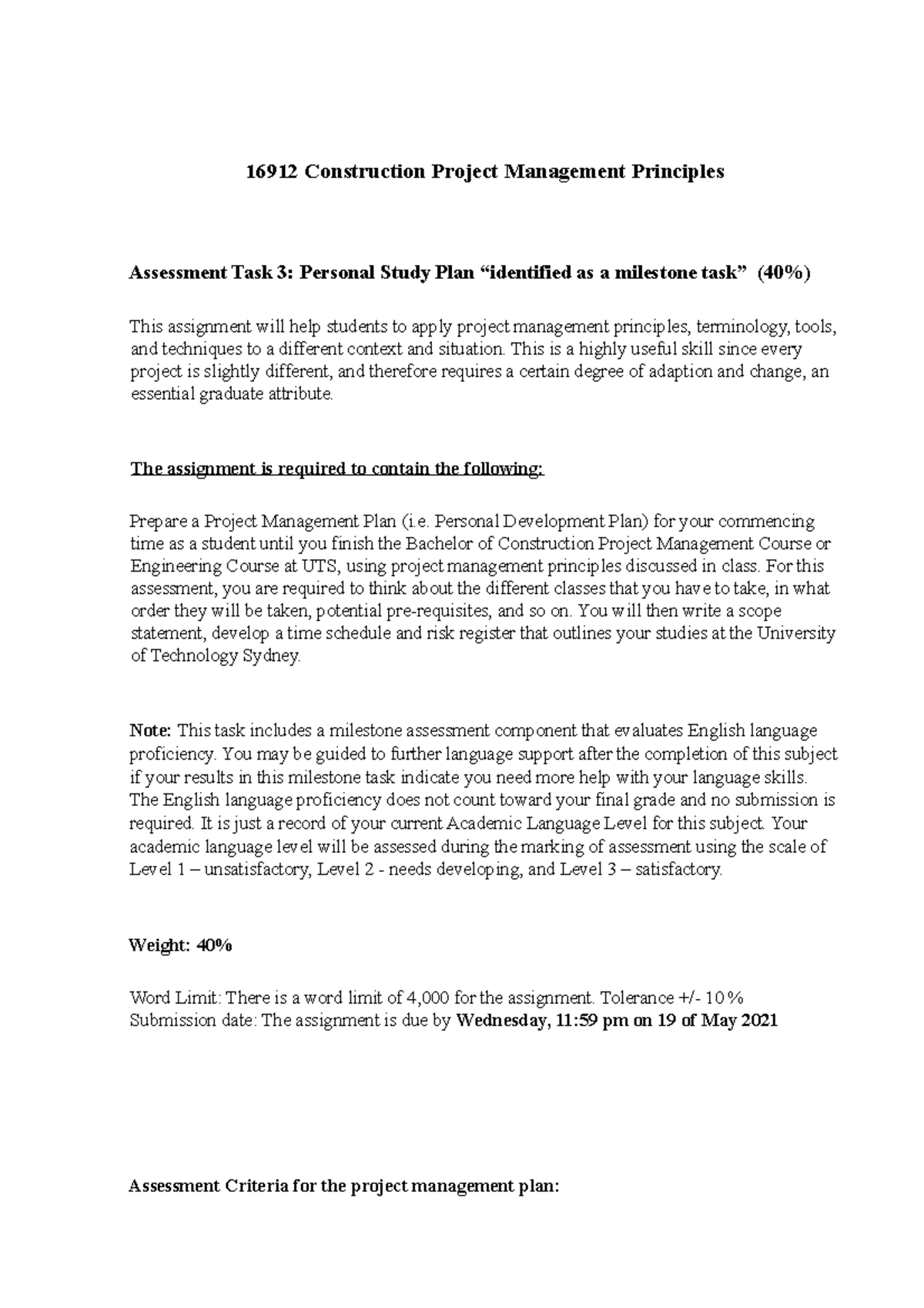 16912 - Assessment Task 3 outline - 16912 Construction Project ...