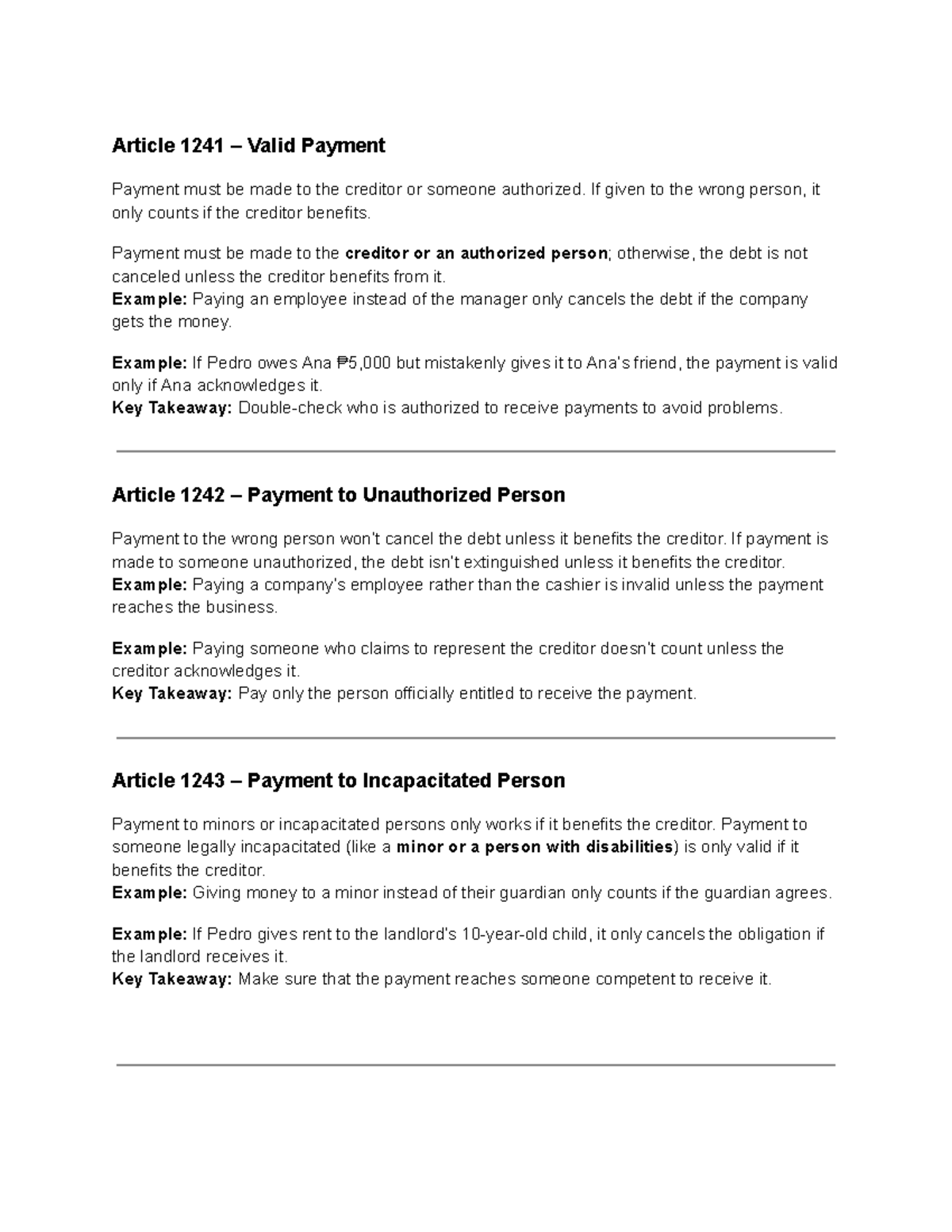 Oblicon Art. 1241 - 1260 - Article 1241 – Valid Payment Payment must be ...