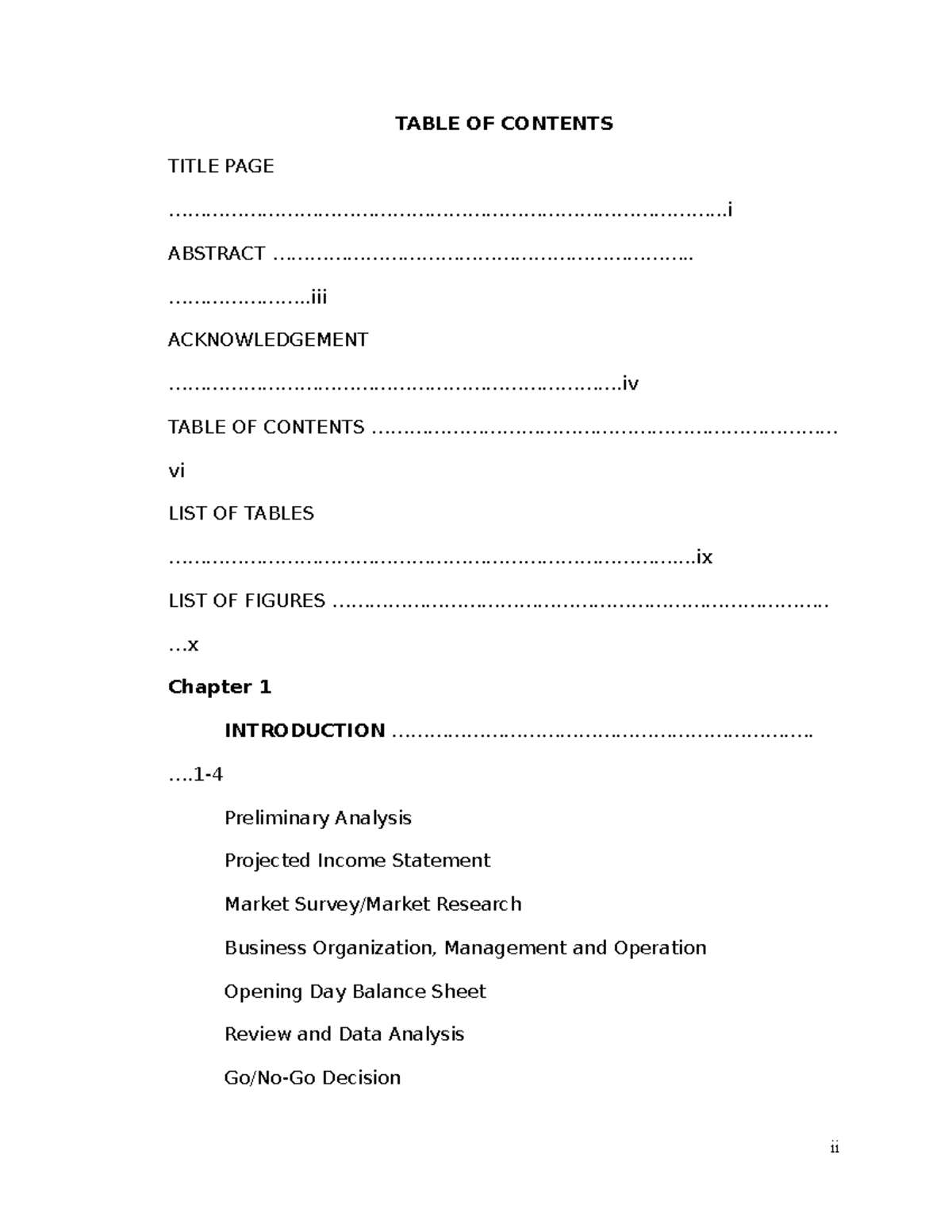 Business Feasibility Study Format - TABLE OF CONTENTS TITLE PAGE - Studocu