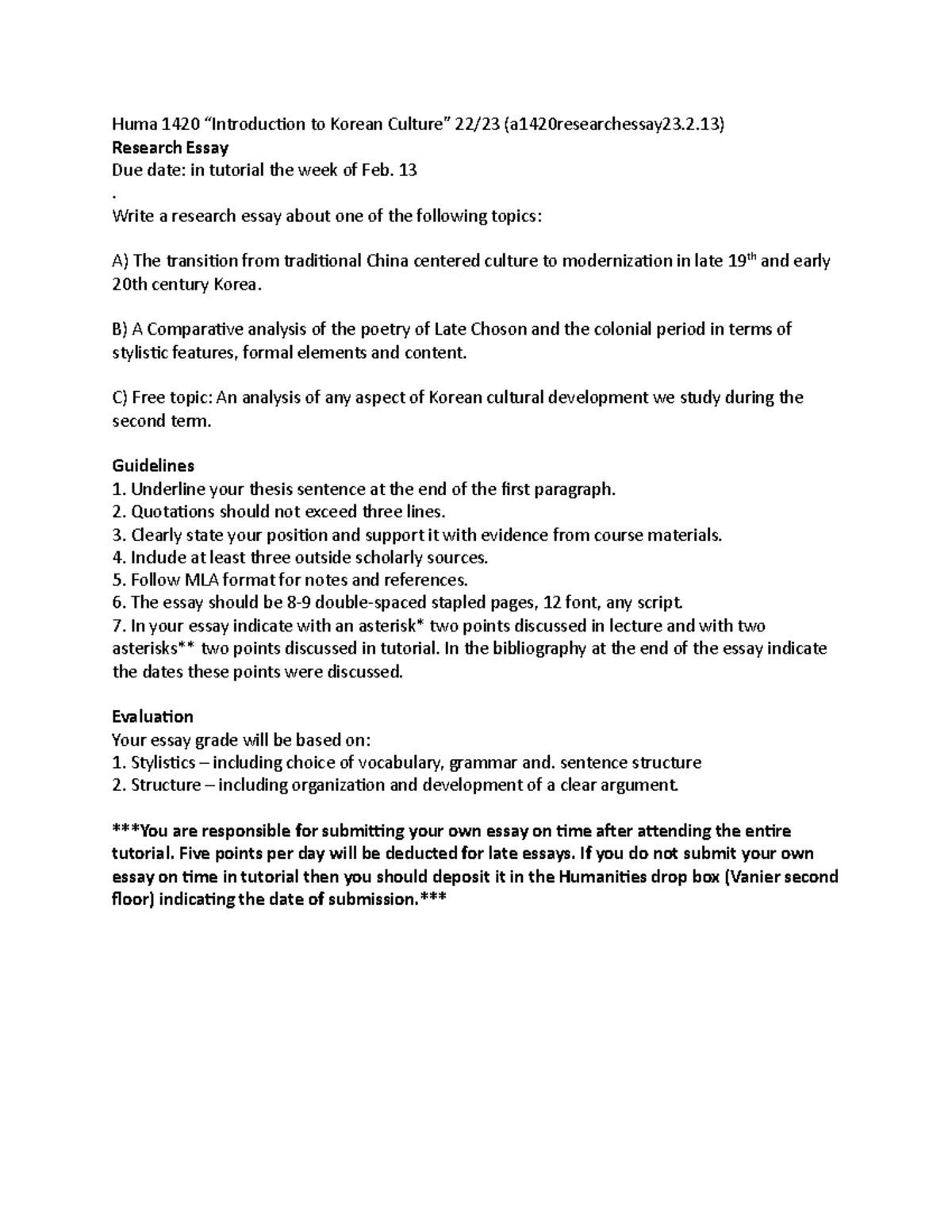 Research Essay Spring Term - Huma 1420 “Introduction to Korean Culture ...