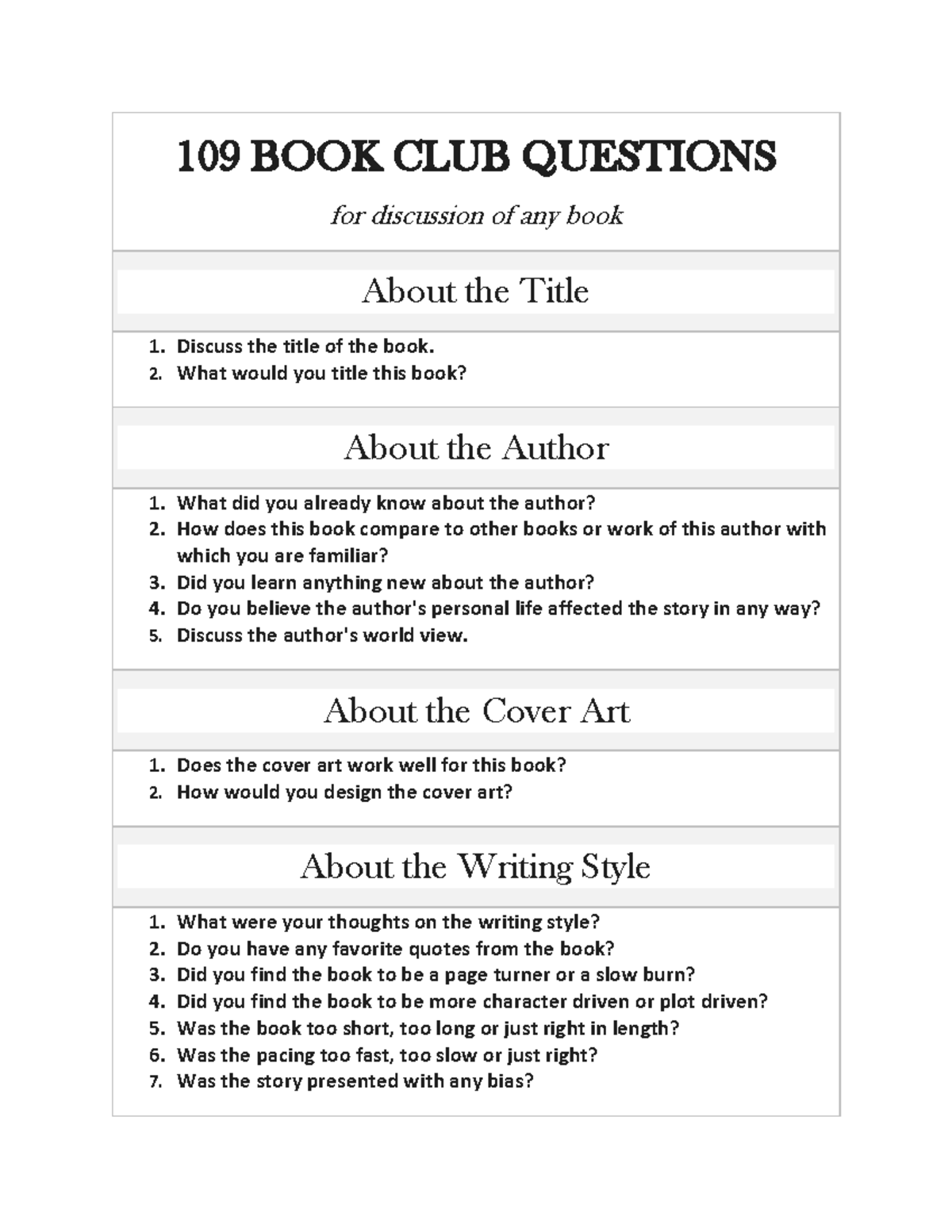 Developing a Book Review - 109 BOOK CLUB QUESTIONS for discussion of ...