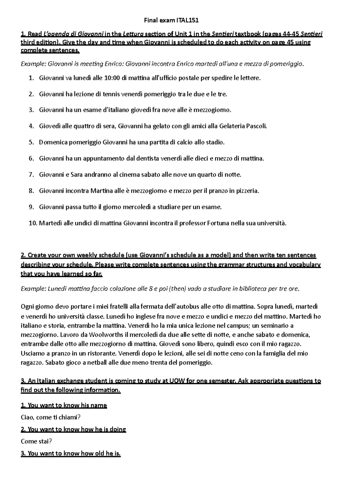 Esame finale ITAL151 - Italian exam; short answers, longer responses ...