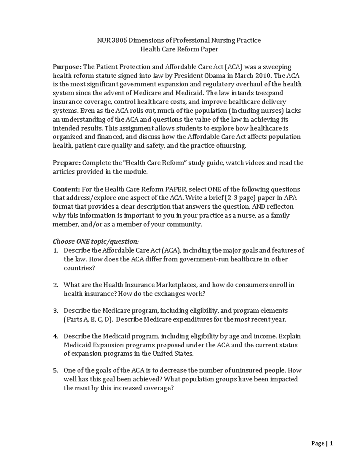 Health Care Reform Paper Grading Rubric - Page | 1 NUR 3805 Dimensions ...