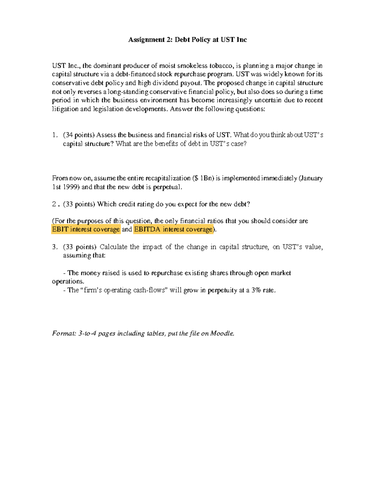 Debt Policy at UST Inc Case Study_Questions - Assignment 2: Debt Policy ...