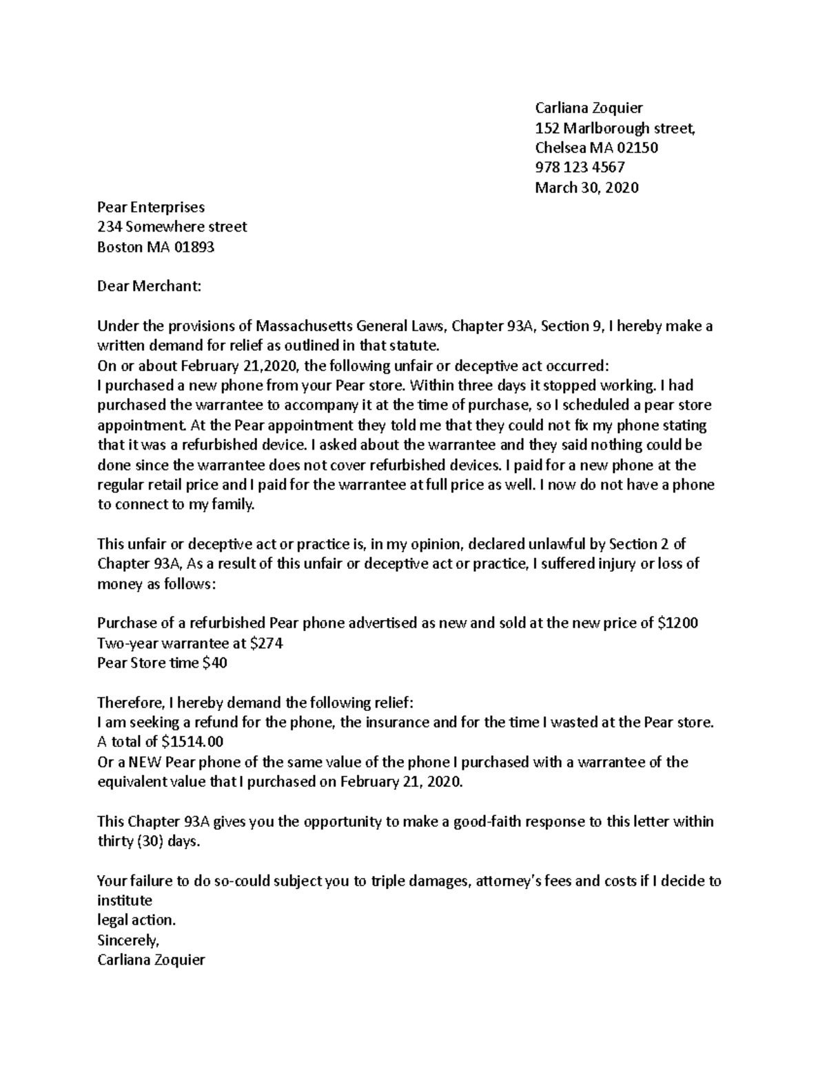 93a consumer protection letter - Carliana Zoquier 152 Marlborough ...