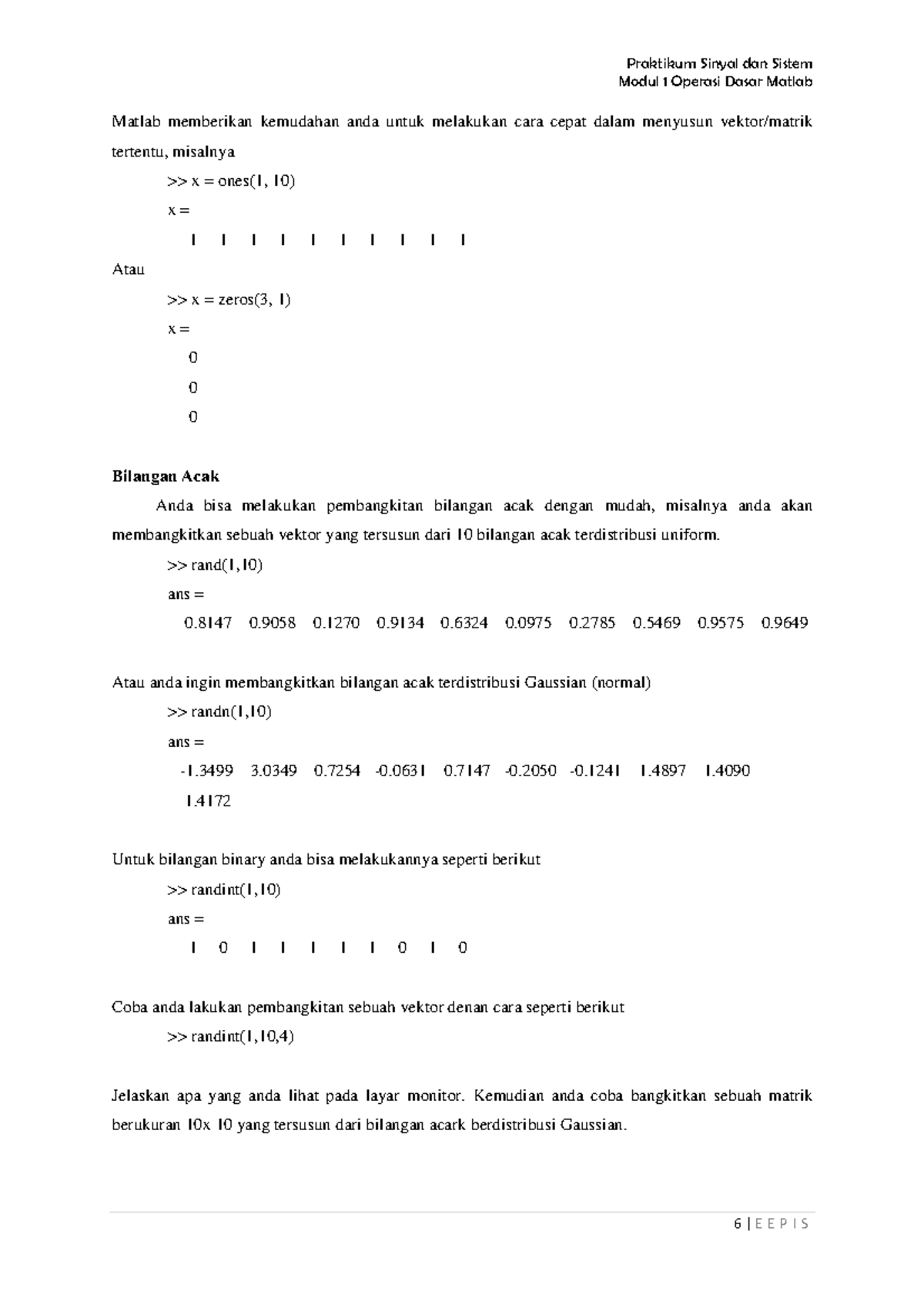 Prak Sinyal Sistem 1-6 - Praktikum Sinyal dan Sistem Modul 1 Operasi Dasar Matlab 6 | E E P I S ...