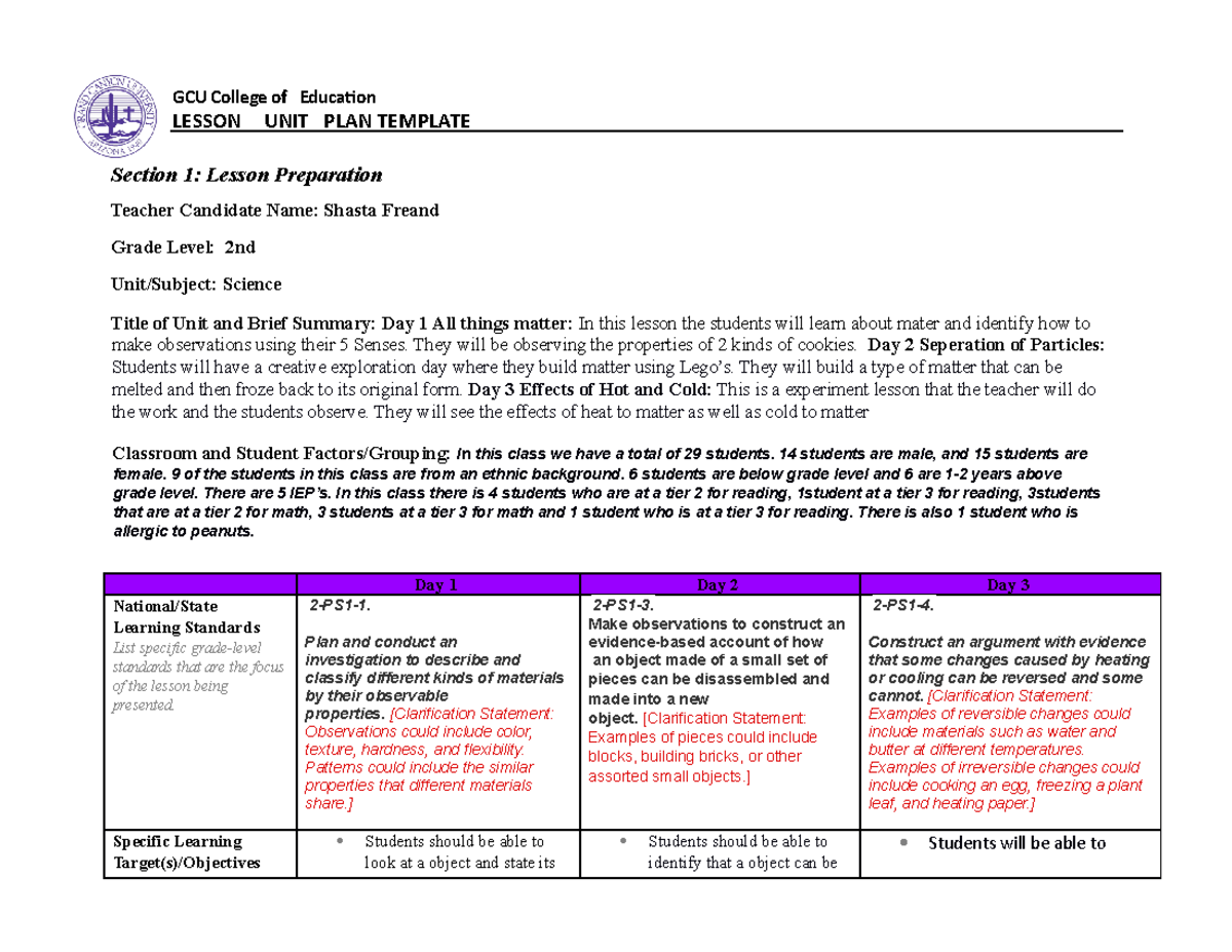 3-day unit plan template on matter - Section 1: Lesson Preparation ...