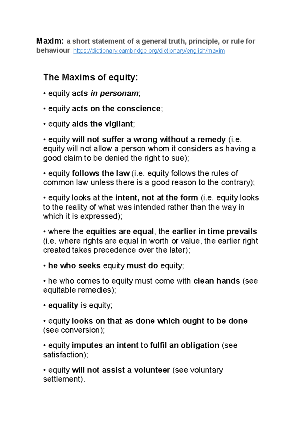 Maxims Of Equity - Maxim: a short statement of a general truth ...