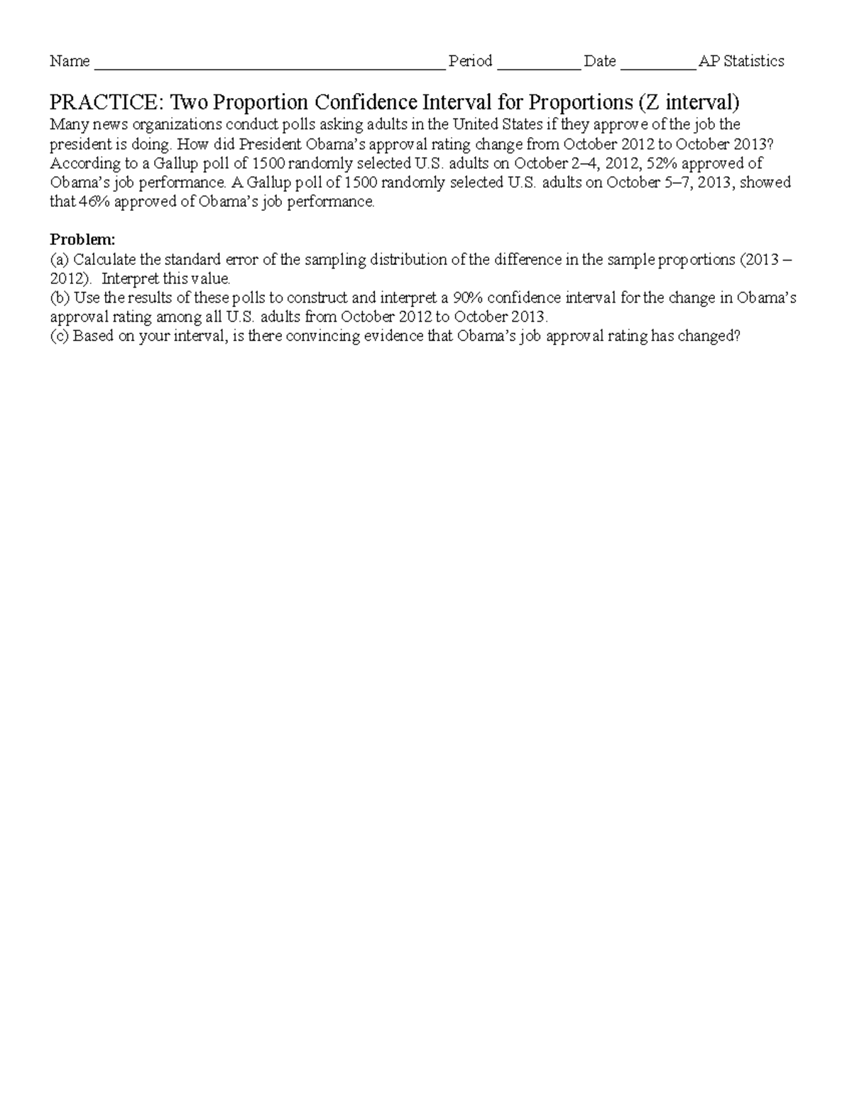 CI for Two Proportions Practice - Name ...