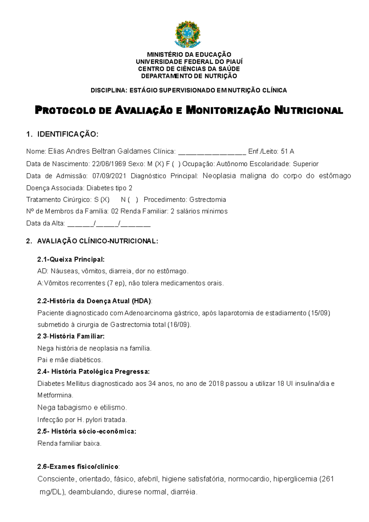 CASO clínico gastrecomia - MINISTÉRIO DA EDUCAÇÃO UNIVERSIDADE FEDERAL ...