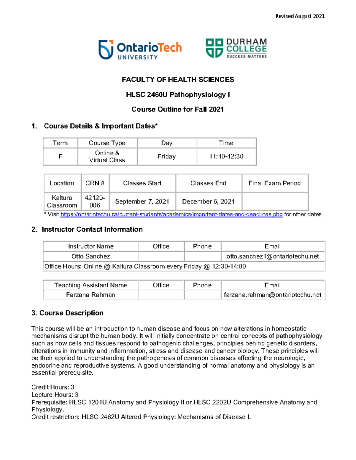 Pathophysiology Course Outline/Syllabus HLSC2460U - HLSC 2460U ...