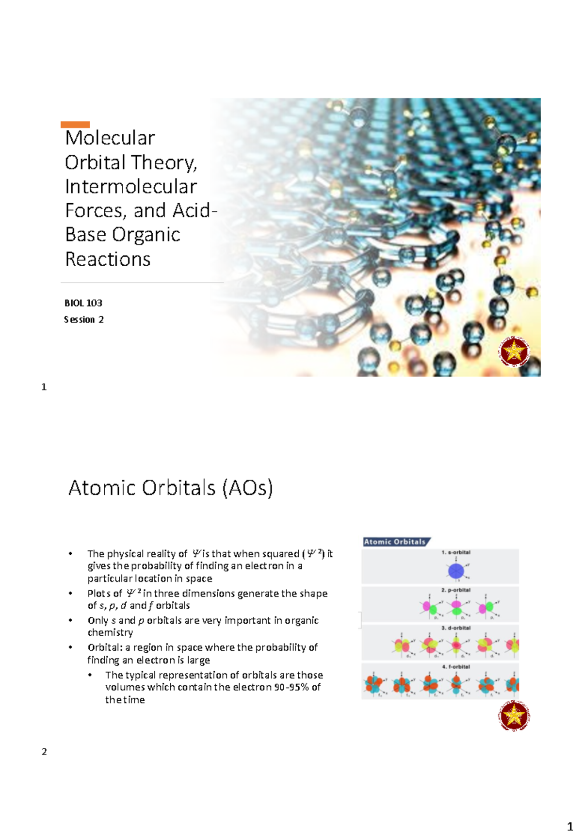 PUP BIOL103 Lec 2 HO Molecular Orbital Theory, Orbital Hybridization ...