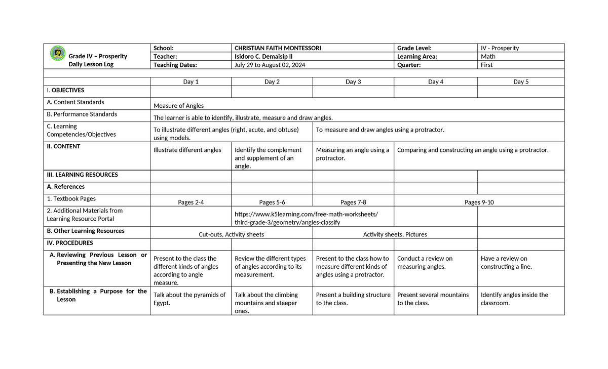 Daily Lessons Log 4 - dll grade 4 - Grade IV – Prosperity Daily Lesson ...