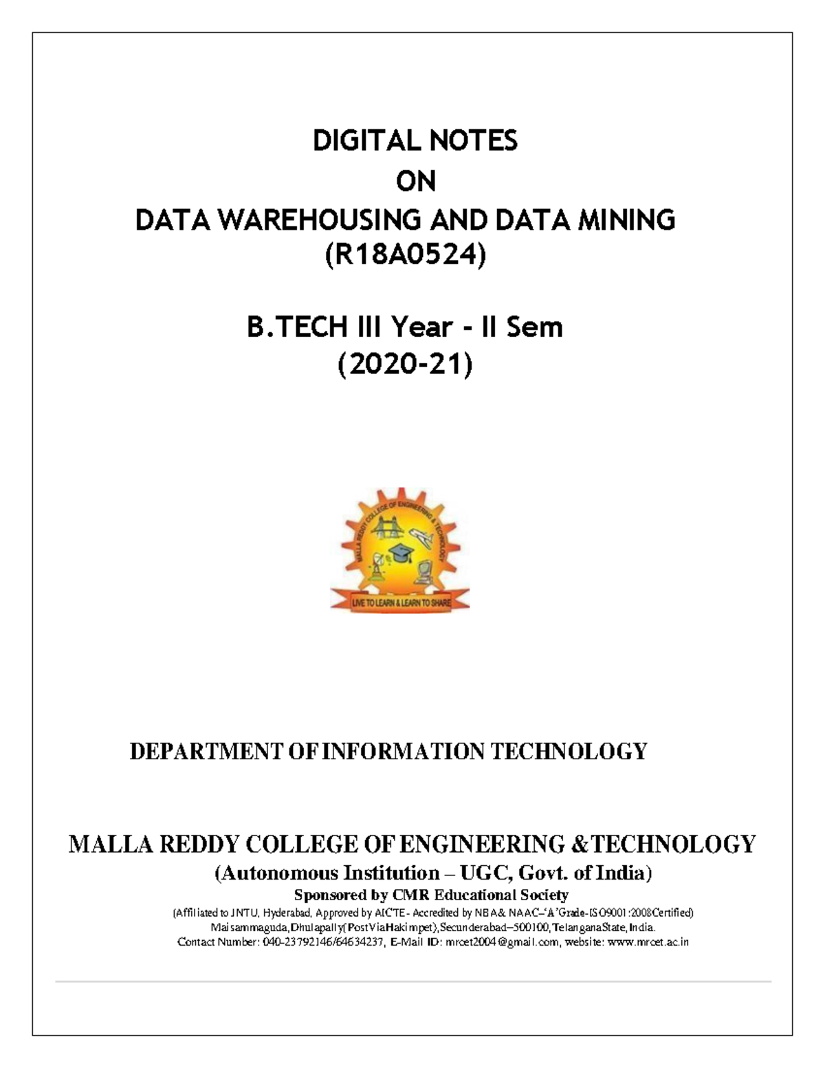 DATA Warehousing AND DATA Mining (R18A0524) - DIGITAL NOTES ON DATA ...